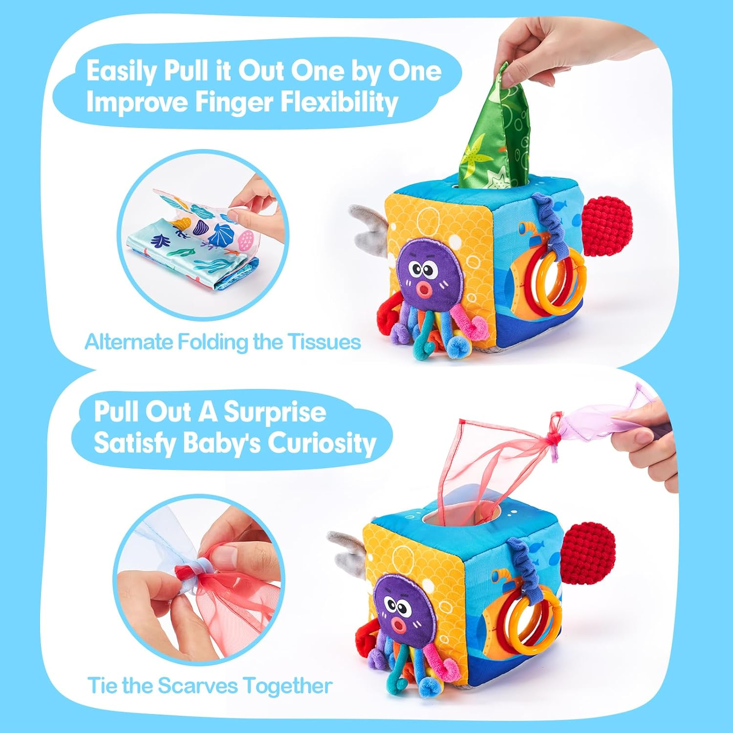 Hahaland Baby Tissue Box Toy – Montessori Sensory Toys with Tails, Cri ...