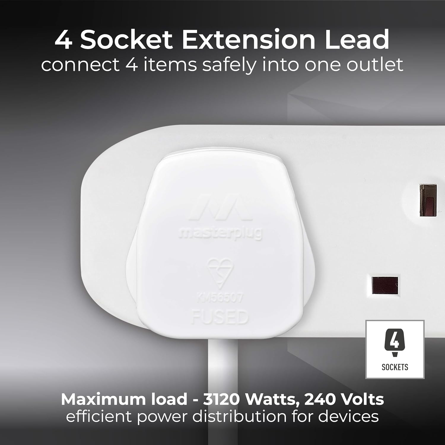 4-Way Extension Lead 13A with 5M Cable – Unswitched Power Strip, White ...