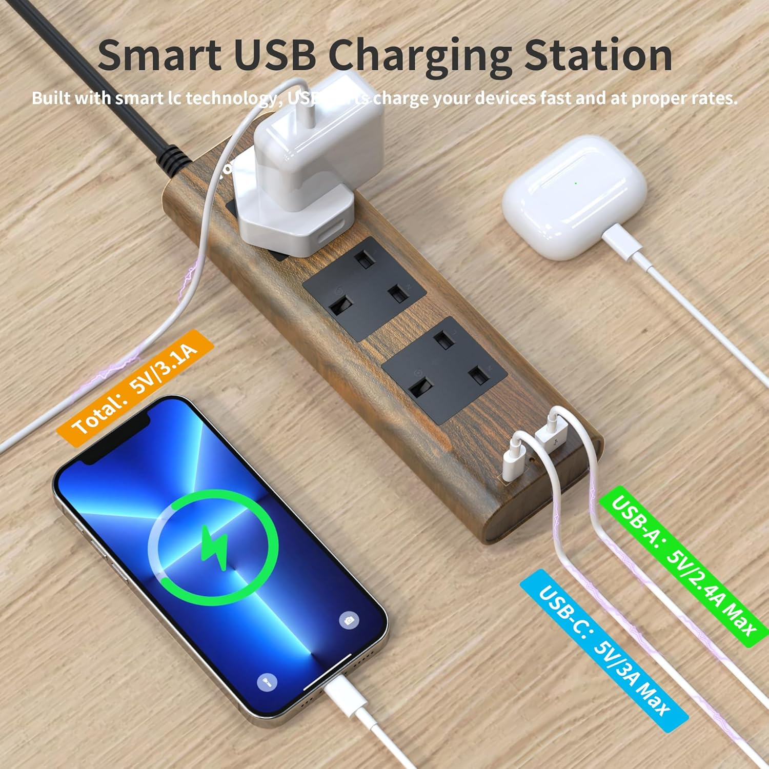 3 Way Wood Grain Extension Lead with USB Ports – 2M Surge Protected Po ...