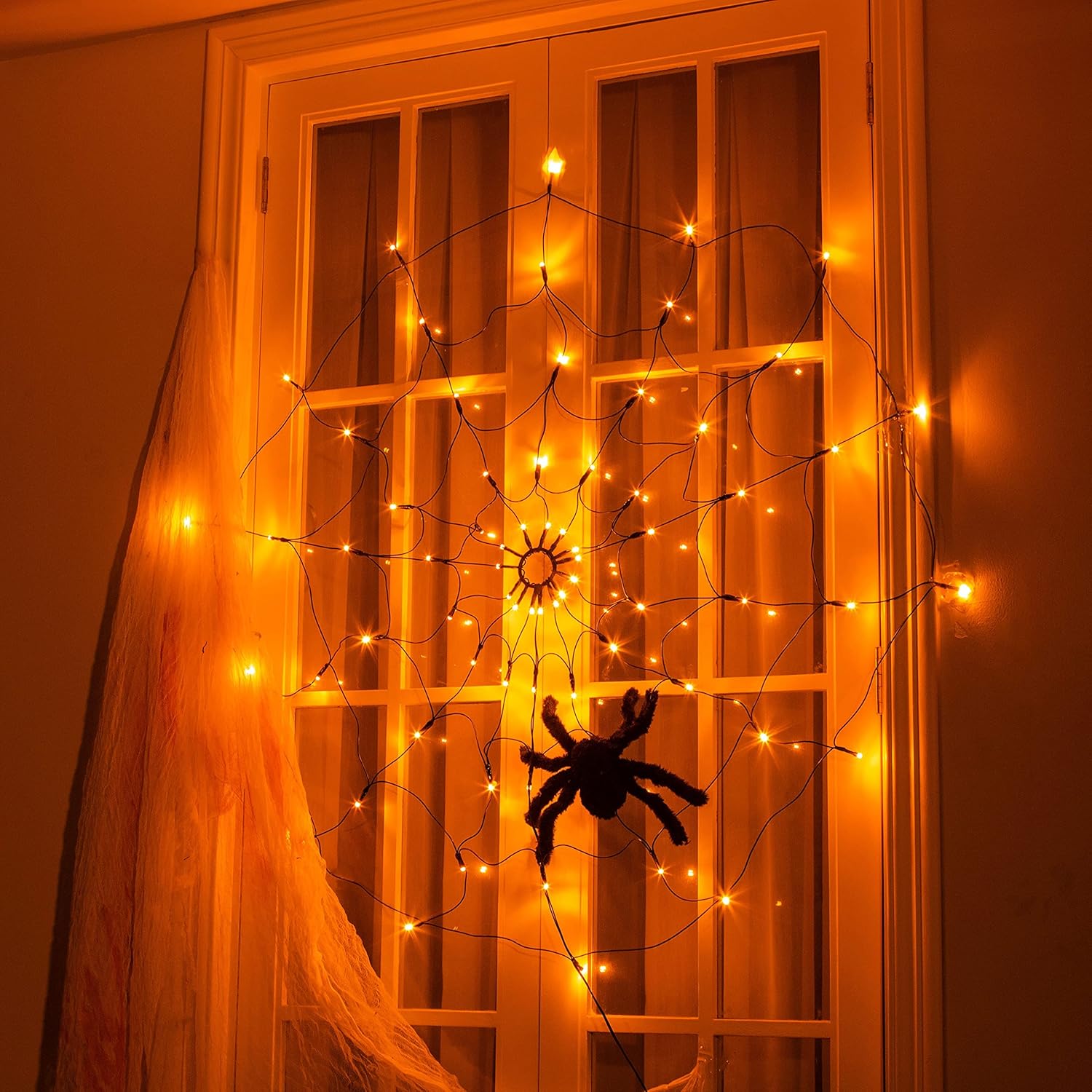 Halloween Spider Web Lights with Plush Spider – 84 LED Spooky Décor ...