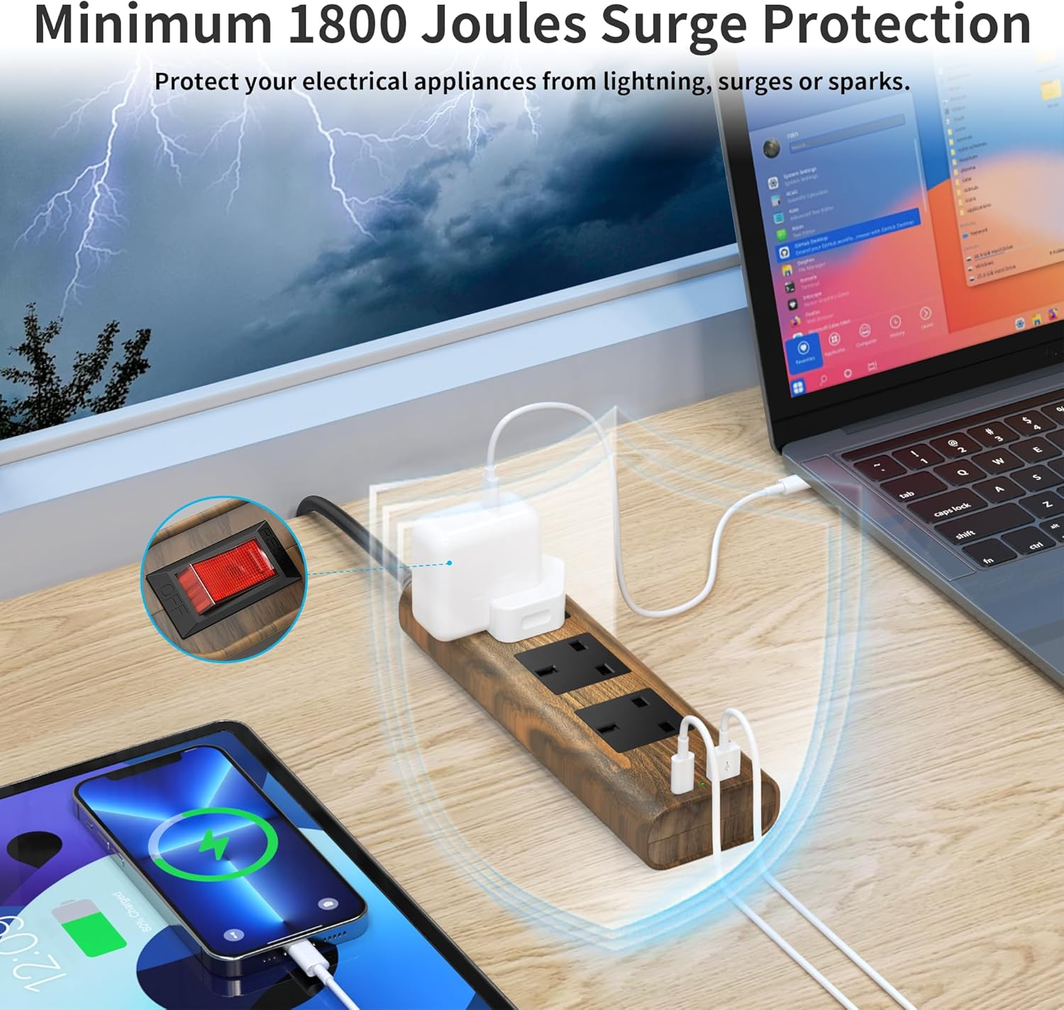 3 Way Wood Grain Extension Lead with USB Ports – 2M Surge Protected Po ...