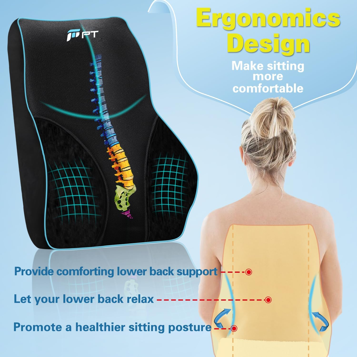 Memory Foam Lumbar Support Cushion – Ergonomic Back Pillow for Office ...