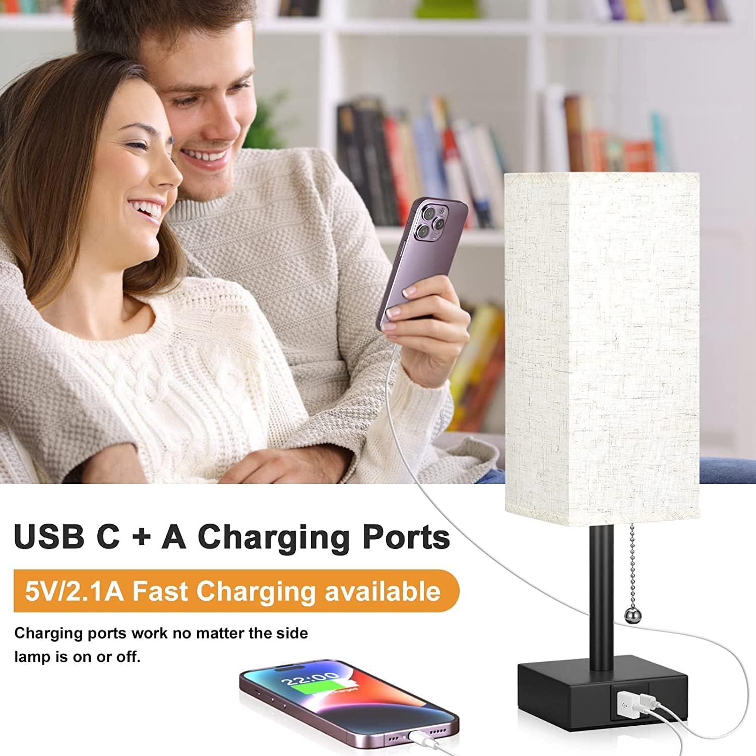USB Bedside Table Lamp with 3 Color Modes & Pull Chain | Type-C & USB-A ...