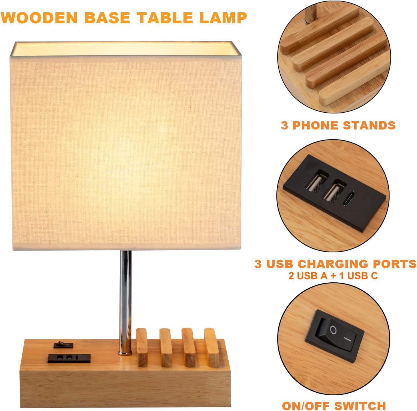 USB Bedside Table Lamp with 3 Charging Ports & Phone Dock | Wooden ...