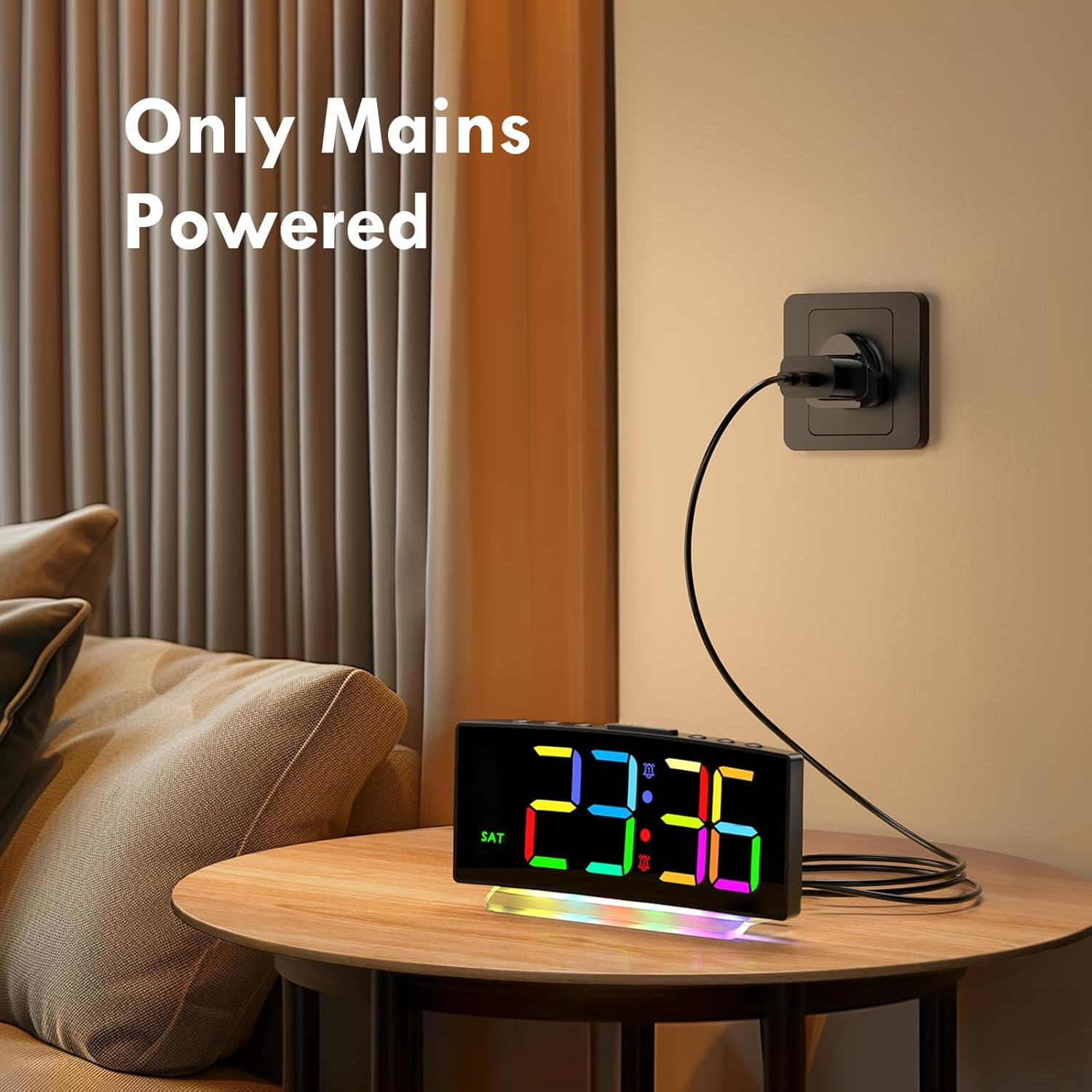 Curved Digital Alarm Clock with RGB Night Light, Snooze & Adjustable B ...