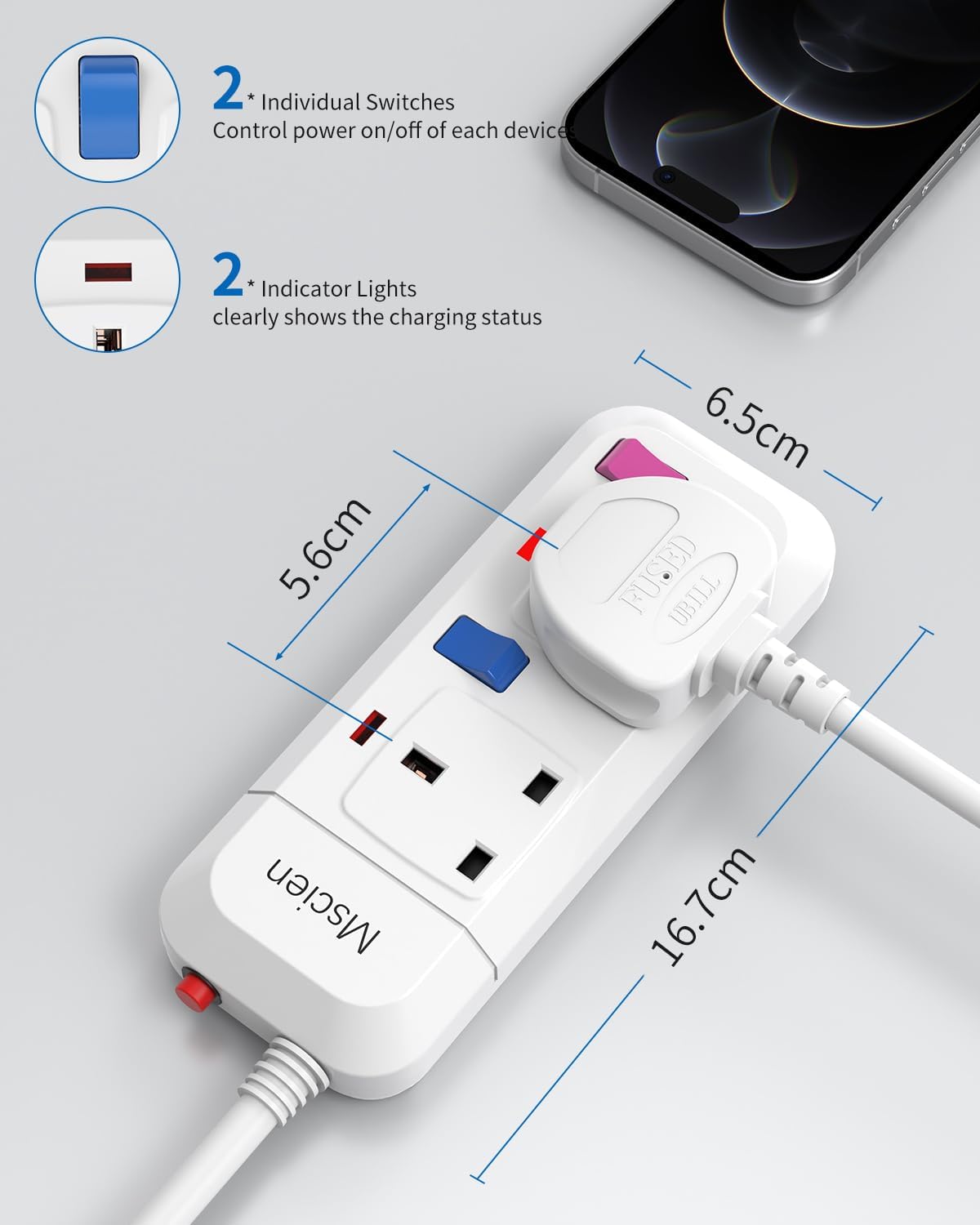 2-Way Extension Lead with Individual Switches, Overload Protection & 1 ...