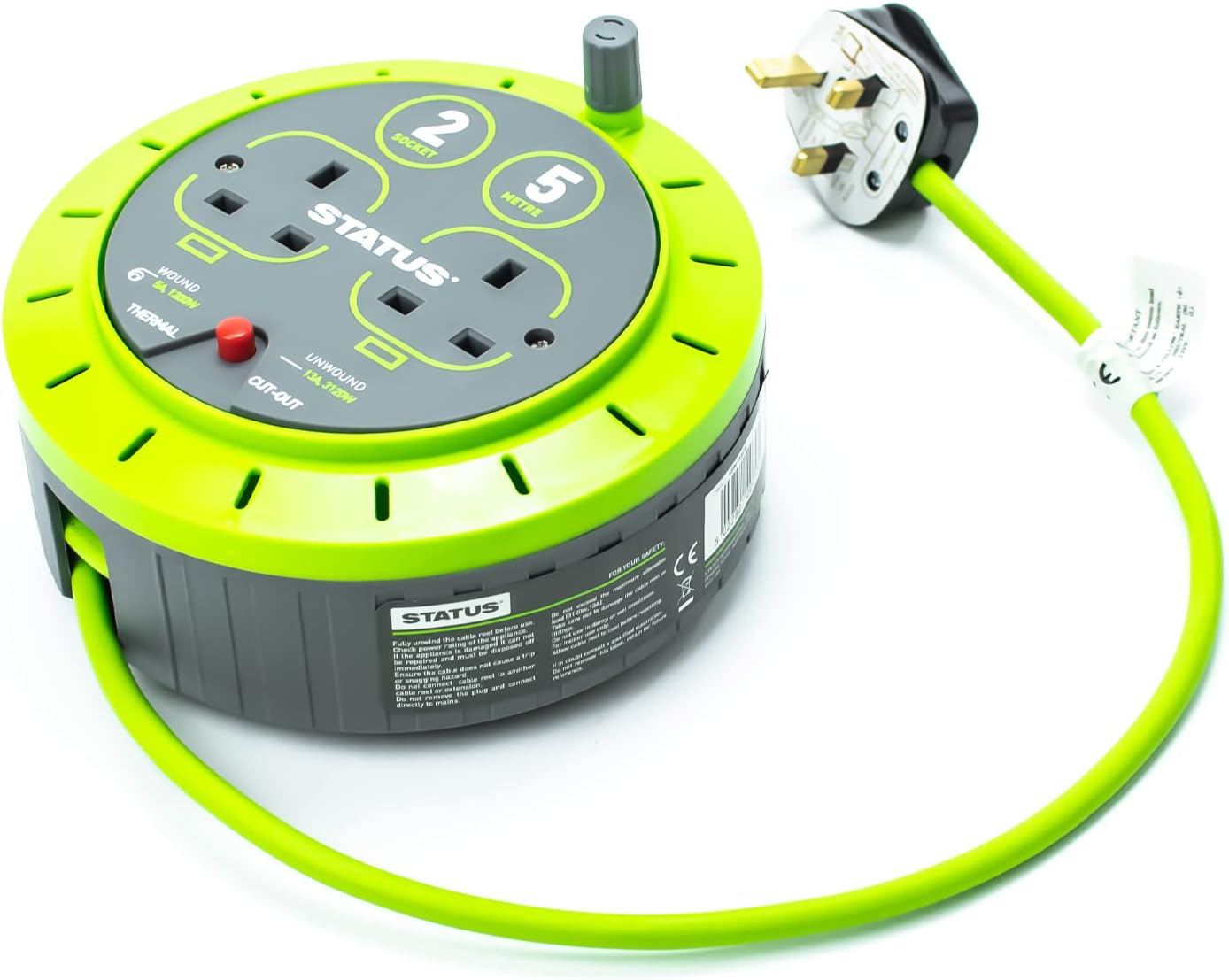 2-Socket 5M Green Cable Reel Extension Lead, 13A Heavy Duty with Therm ...