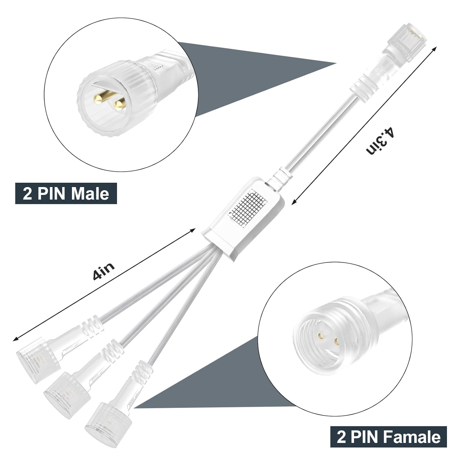3-Way Splitter Connector for Christmas Lights – 2-Pin Clear Cable, IP6 ...