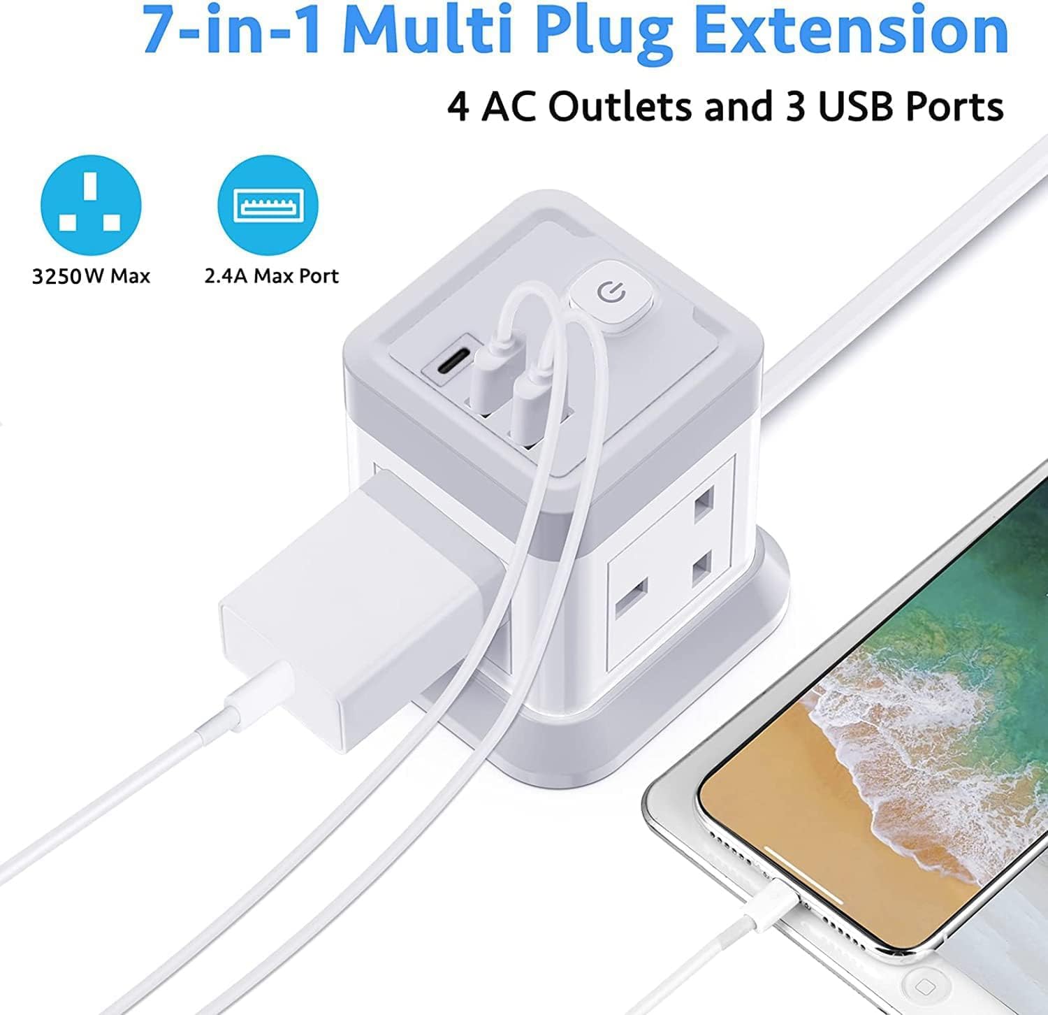 4-Gang Extension Lead Cube 3M with 3 USB Ports & Switch, Multi Plug Po ...