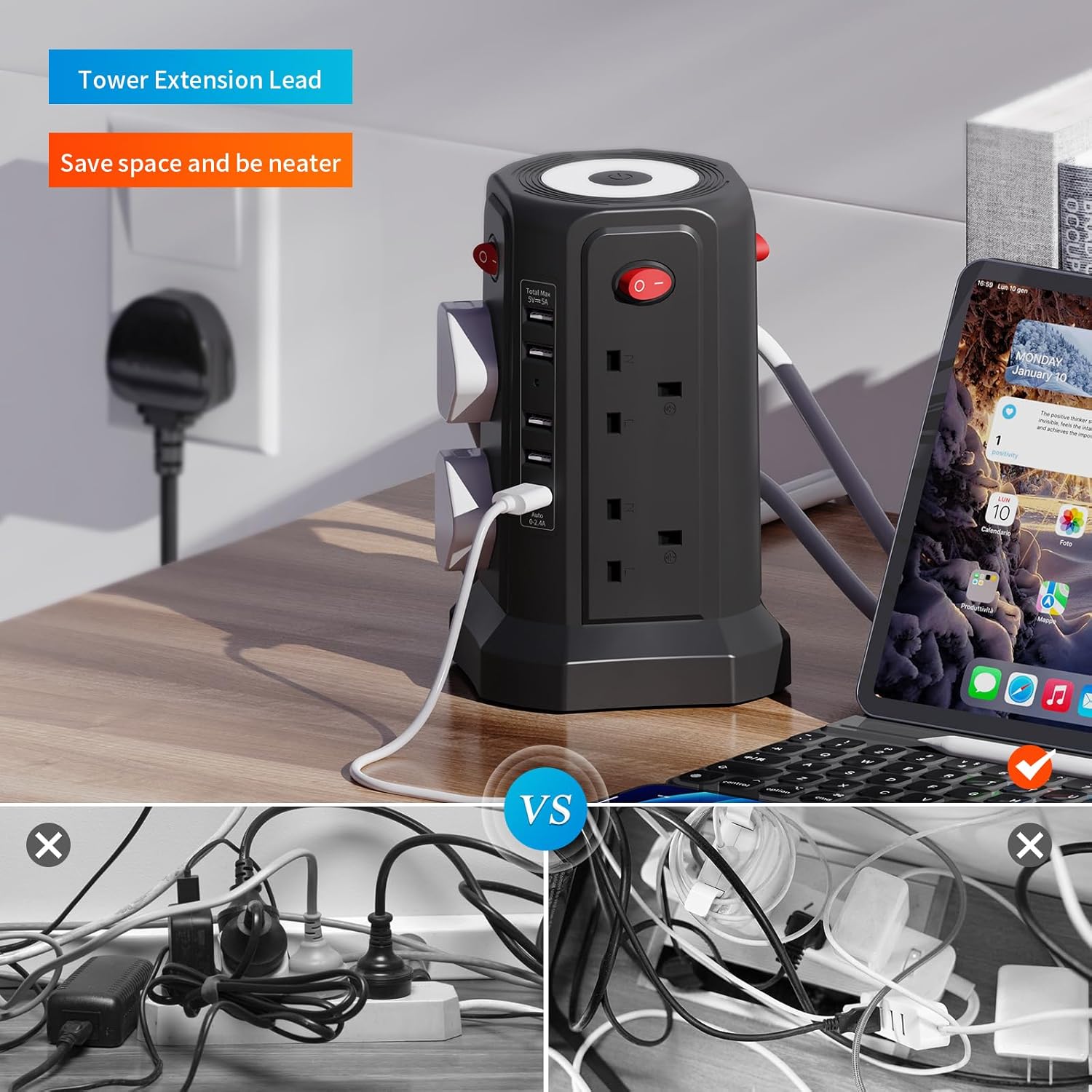 Tower Extension Lead 8-Way with 5 USB Ports & Night Light, Surge Prote ...
