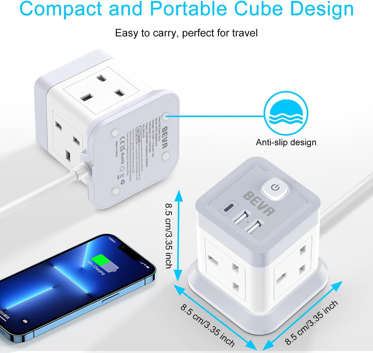 4-Gang Extension Lead Cube 3M with 3 USB Ports & Switch, Multi Plug Po ...