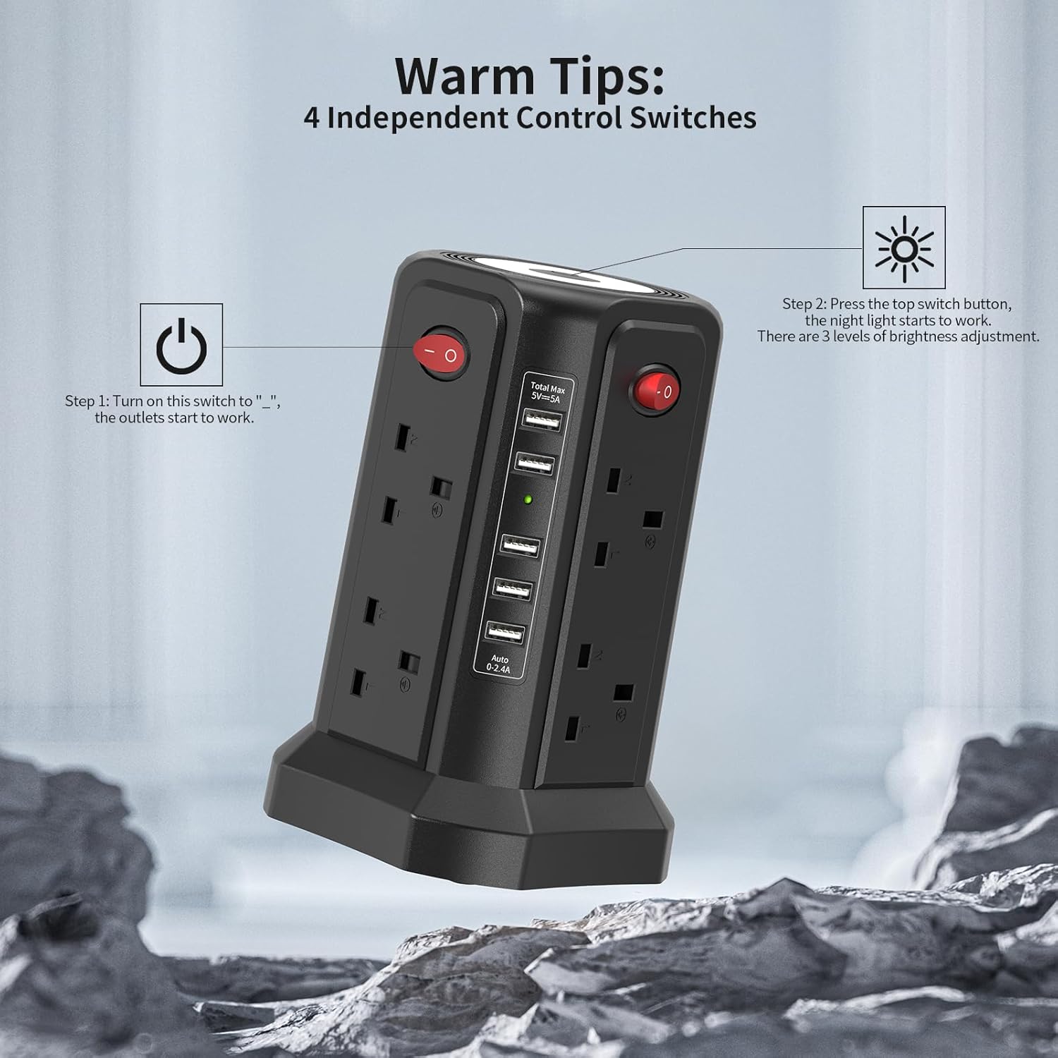 Tower Extension Lead 8-Way with 5 USB Ports & Night Light, Surge Prote ...