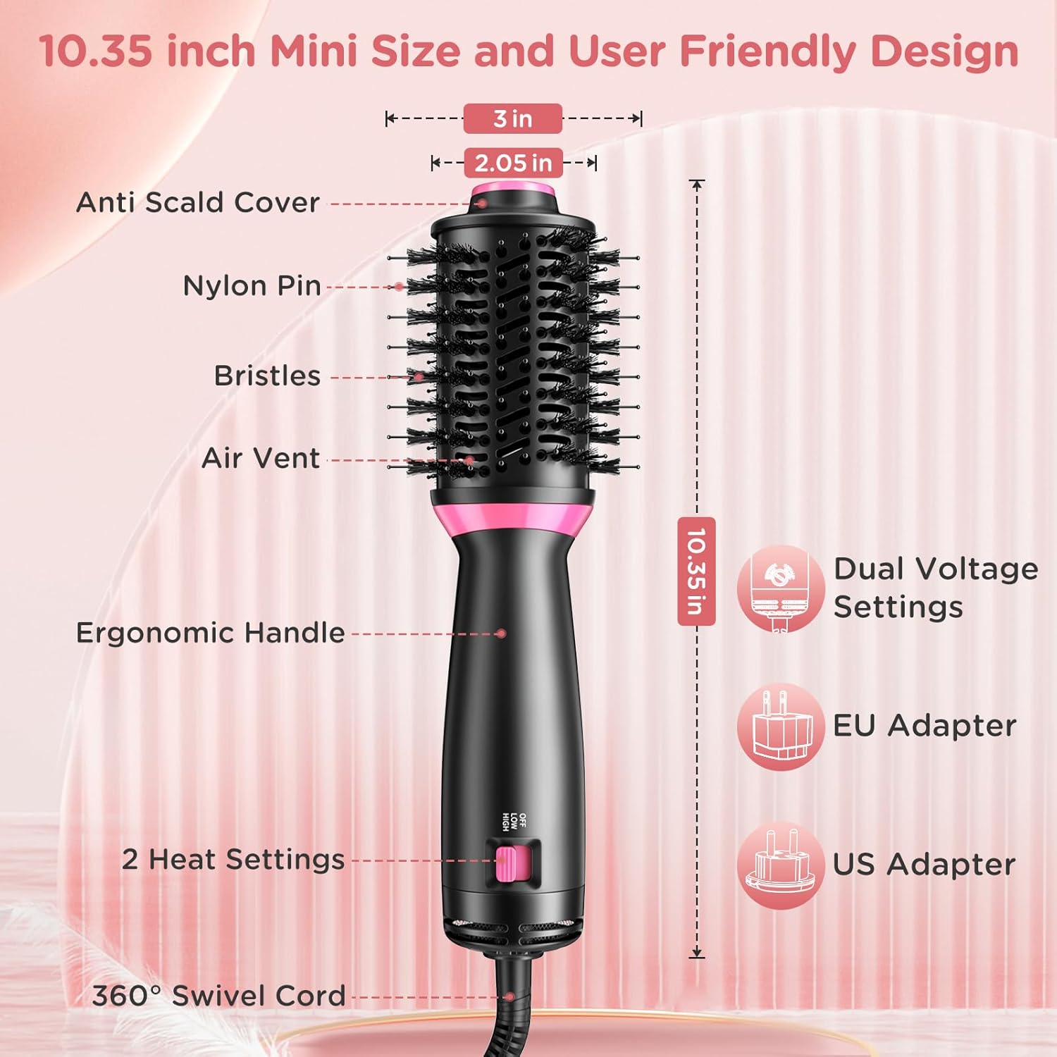 3-in-1 Hair Dryer Brush, Ionic Hot Air Styler, Dual Voltage, 2 Speeds ...