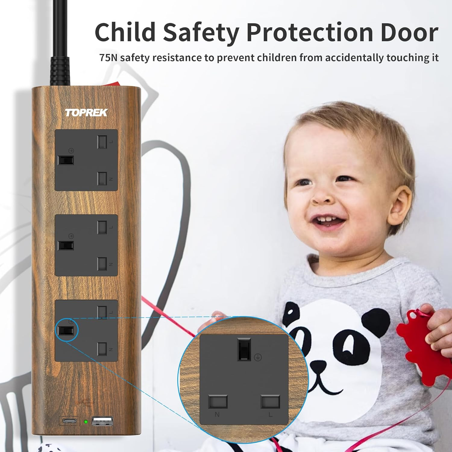 3 Way Wood Grain Extension Lead with USB Ports – 2M Surge Protected Po ...